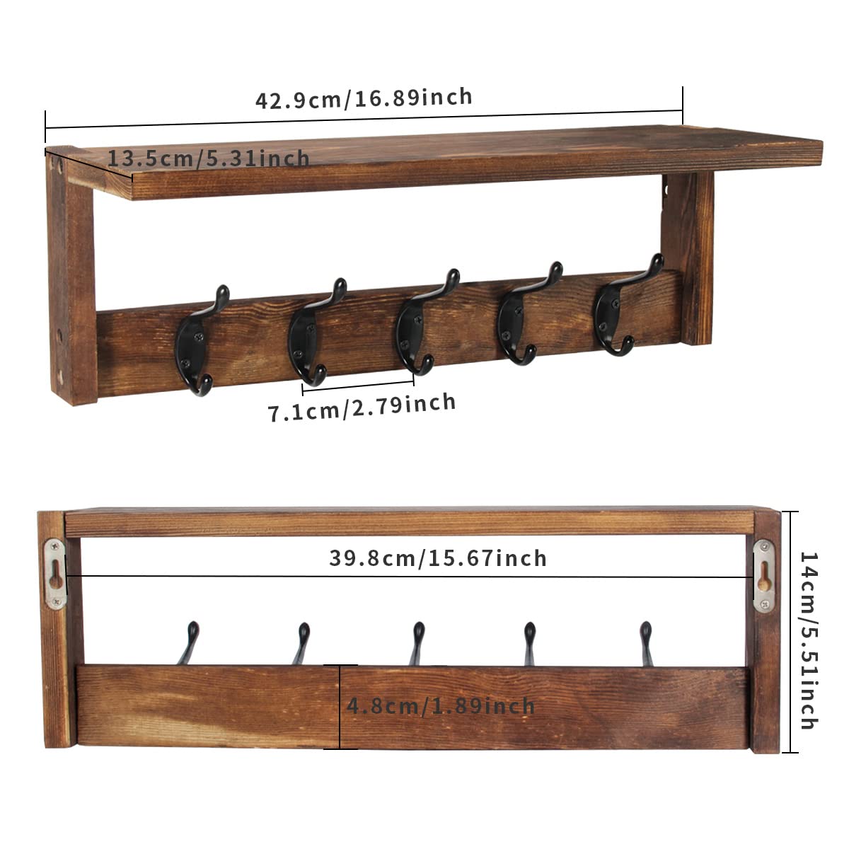 BEIUTAO 2 Pack Coat Rack Wall Mount with Shelf, Wood Wall Coat Rack with Hooks, Coat Hanger Wall Mount, Entryway Shelf for Clothes, Hats, Towel, Purse, for Living Room, Bedroom, Bathroom, Rustic Brown