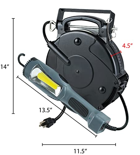 Alert ProReel 8150MM Retractable Cord Reel w/LED Work Light | 50' - 16/3 SJTOW Task Light Cord | 14W LED Shop Light Provides 1500 Lumens | Grounded Outlet with On/Off Handle Switch