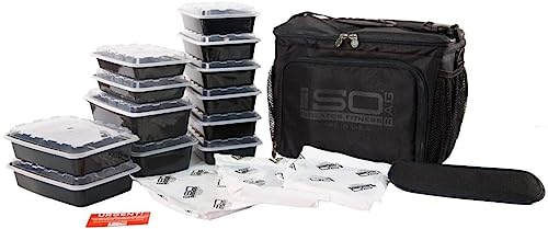 Isolator Fitness 6 Meal ISOCUBE Meal Prep Management Insulated Lunch Bag Cooler with 12 Stackable Meal Prep Containers, 3 ISOBRICKS, and Shoulder Strap - MADE IN USA (Blackout)
