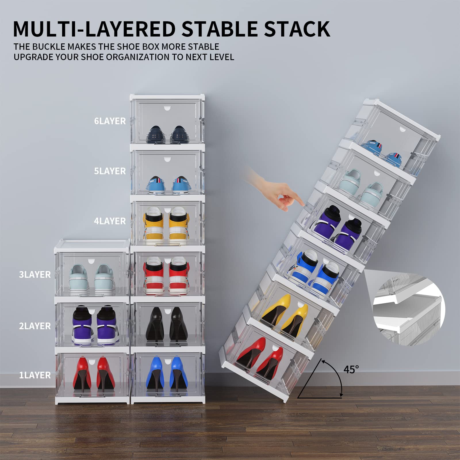 TIDYAVE Shoe Boxes Clear Plastic Stackable, Shoe Storage Organizer Boxes Easy Installation All in One Shoe Box with Doors 6 Tier Foldable Shoe Box Space Saving for Closet Entryway Containers Bins
