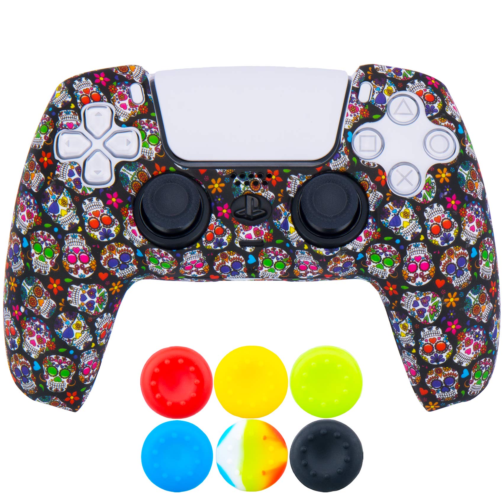 9CDeer 1 Piece of Silicone Transfer Print Protective Thick Cover Skin + 6 Thumb Grips for Playstation 5 / PS5 Controller Beaty Skull II