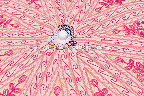 Asha Handicraft 72" Indian Handmade Embroidered Elephant Garden Umbrella, Large Outdoor Patio Parasols, Beach Umbrella Sun Shade Wedding Decorative Umbrellas (Large, White & Pink)