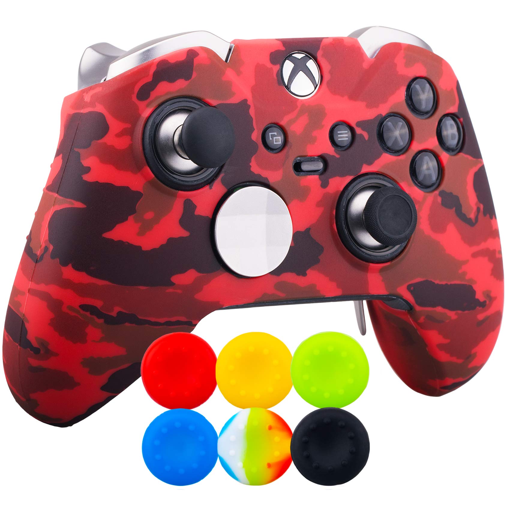 9CDeer 1 x Protective Customize Transfer Print Silicone Cover Skin Red + 6 Thumb Grips Analog Caps for Xbox One Elite Controller Compatible with Official Stereo Headset Adapter