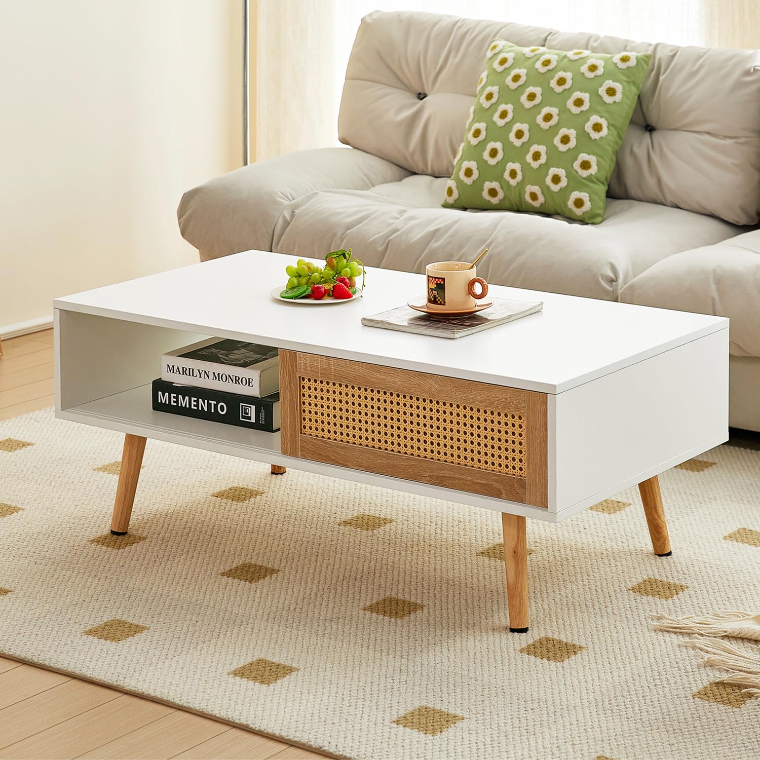 Mid Century Modern Coffee Table with Storage, 41.3 Inch Rectangle Wooden Accent Center Sofa Table with Sliding PE Rattan Woven Door Panel and Solid Wood Legs, Suitable for Living Room, Apartment