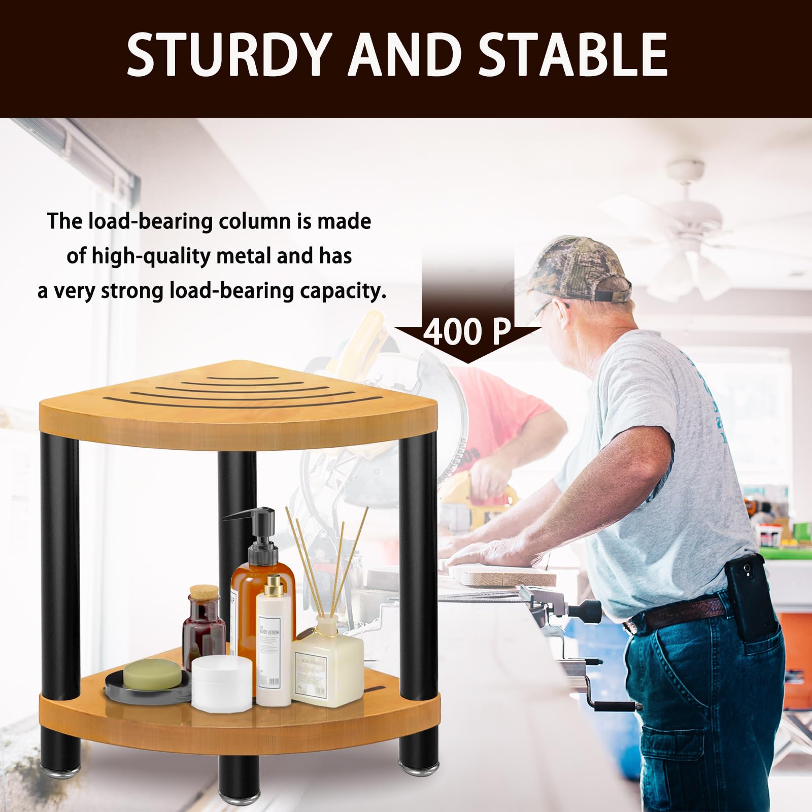 Corner Shower Bench with Storage Shelf,Waterproof Bamboo Corner Shower Stool for Shaving Legs,Sturdy and Non-Slip Shower Chair for Bathroom,Adjustable Feet Bath Step Easy Assemble Shower Seat (Black)