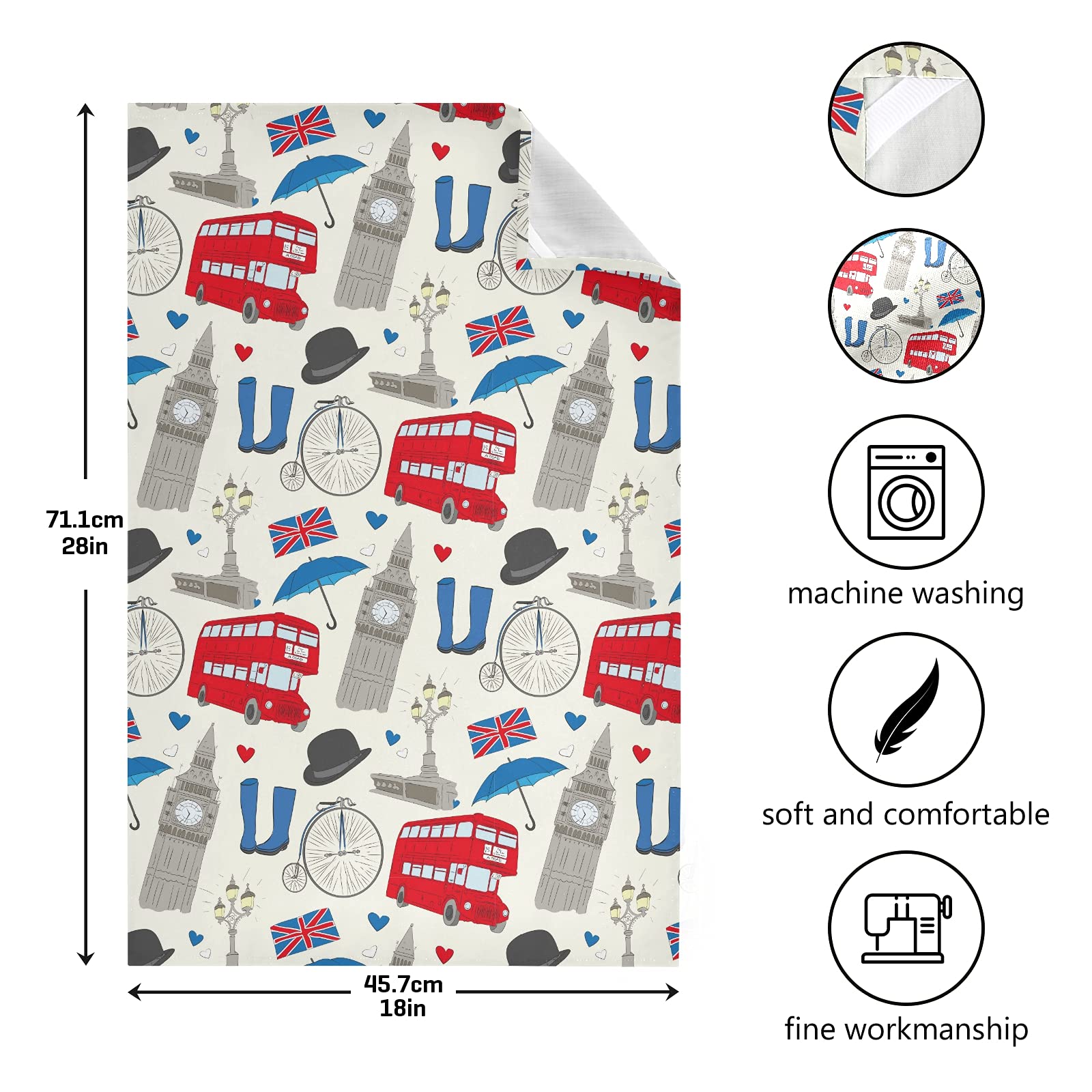 ALAZA Cartoon Big Ben Bus British Flag Kitchen Towels Dish Bar Tea Towel Dishcloths Set of 4 Super Absorbent Soft 18 x 28 inches