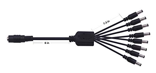 Xwell DC Power Splitter Cable 1 Female to 8 Male Wire Y Adppter 5.1mm X 2.1mm for CCTV Security Cameras and LED Strip Lights