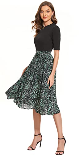 CISMARK Womens Half Sleeve Ribbed Midi Dress Modest Casual Work Dress with Pockets Black Print XL