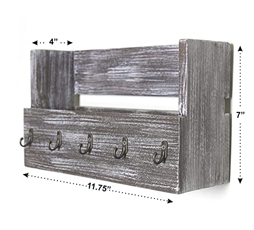 WRIGHTMART Wall Mounted Rustic Wooden Organizer Key & Mail Holder, Includes Command Hooks for Hanging Keys, Space for Phone, Wallet, Purse, Jewelry - Home Décor, Handmade, Whitewash Finish