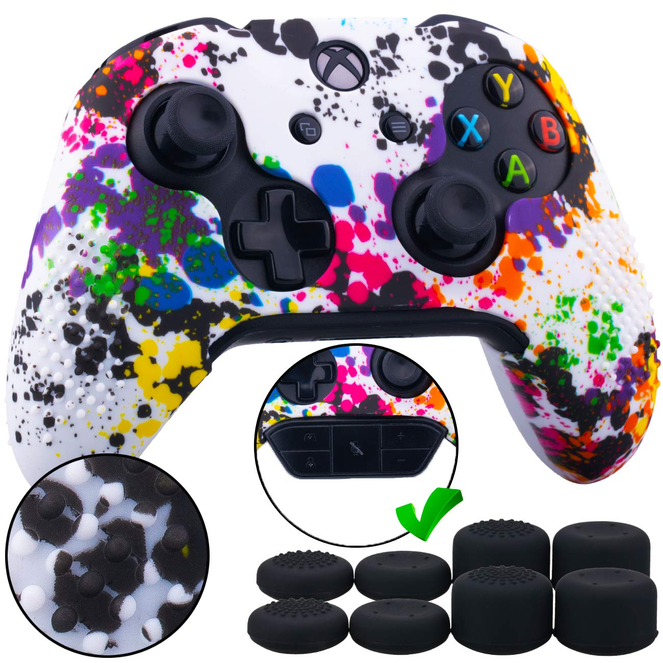 9CDeer Studded Protective Customize Transfer Printing Silicone Cover Skin Sleeve Case + 8 Thumb Grips Analog Caps for Xbox One/S/X Controller Splashing Graffiti Compatible with Official Stereo Headset