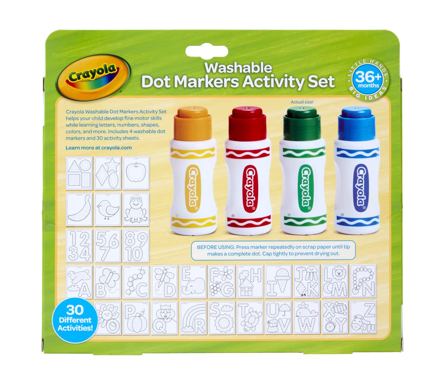Crayola Washable Dot Markers Activity Set, 30 Toddler Coloring Pages & 4 Washable Markers, Dot Paints for Toddlers, Toddler Gifts, Ages 3+