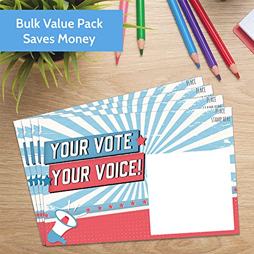 T MARIE 100 Bulk Voter Postcards 4x6” - Your Vote Your Voice, Red, White and Blue Theme With Blank Back for Message to Voters - Encourage Voting In Your State