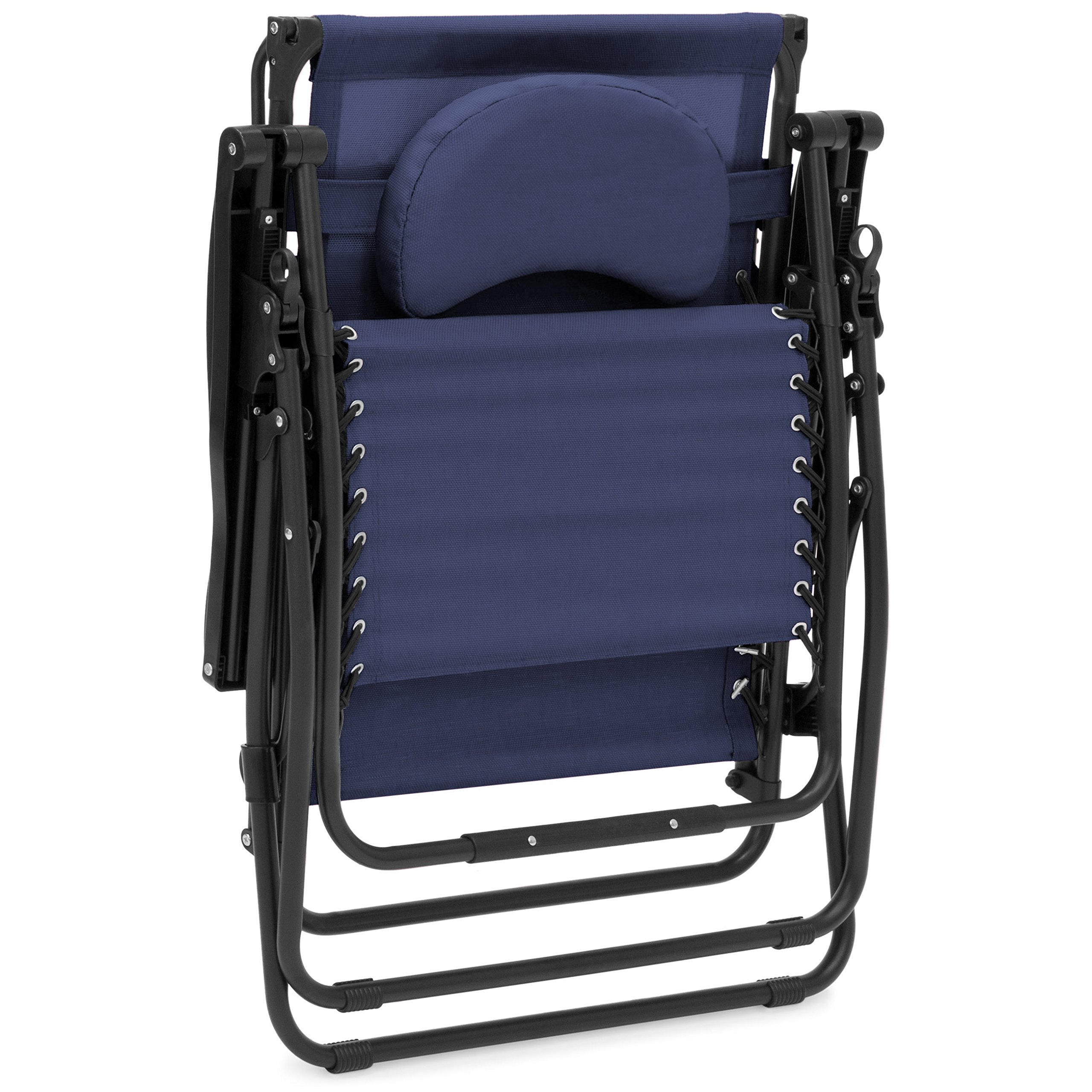 Best Choice Products Oversized Steel Mesh Zero Gravity Reclining Lounge Patio Chair w/Folding Canopy Shade and Cup Holder, Navy