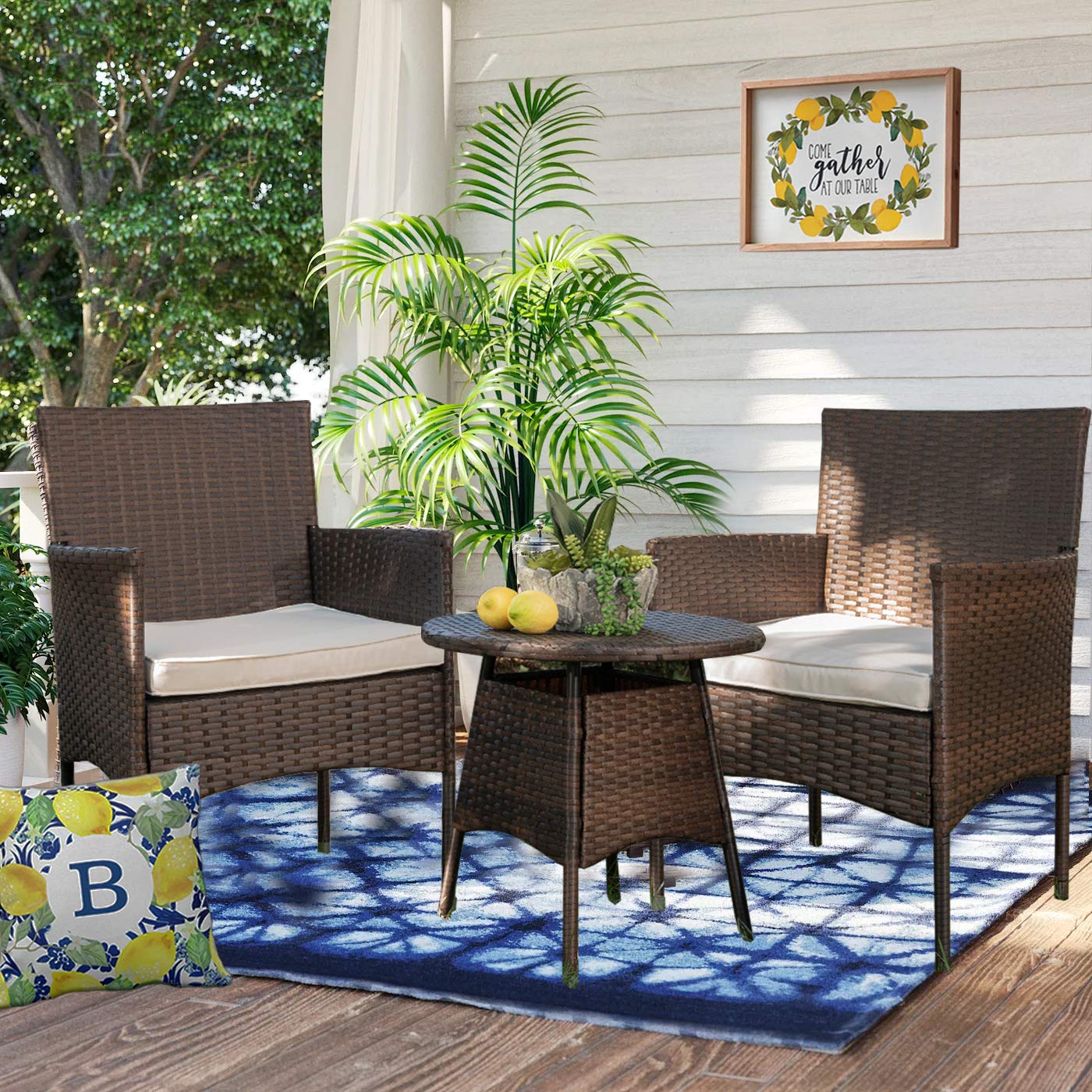 Barton 3 Pieces Bistro Chair Set w/Glass Table Beige Outdoor Patio Furniture Wicker Rattan Modern Conversation Chat Seating