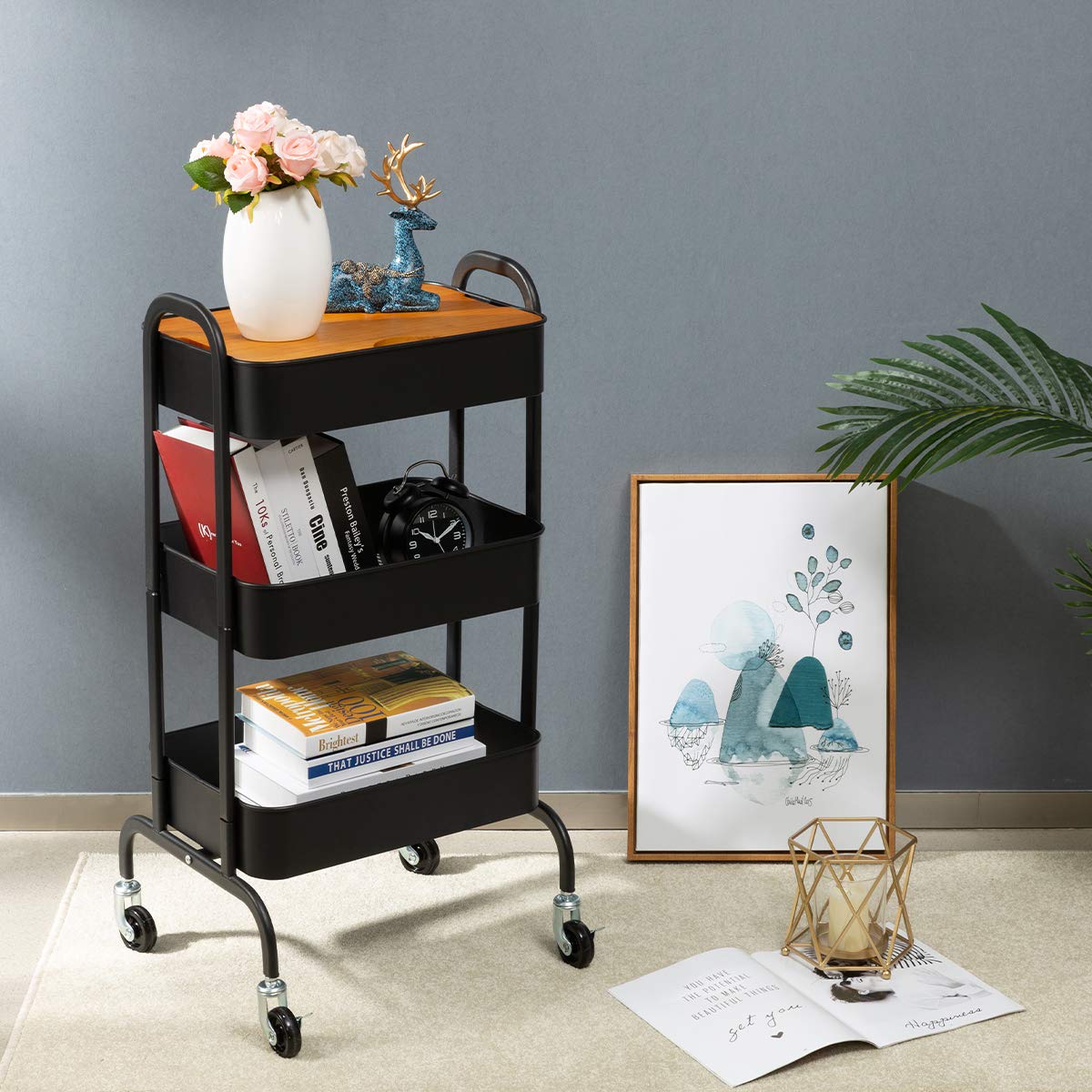 AGTEK 3-Tier Metal Utility Cart with Wheels, Black Storage Rolling Cart with Handles, Movable Makeup Cart with Plants