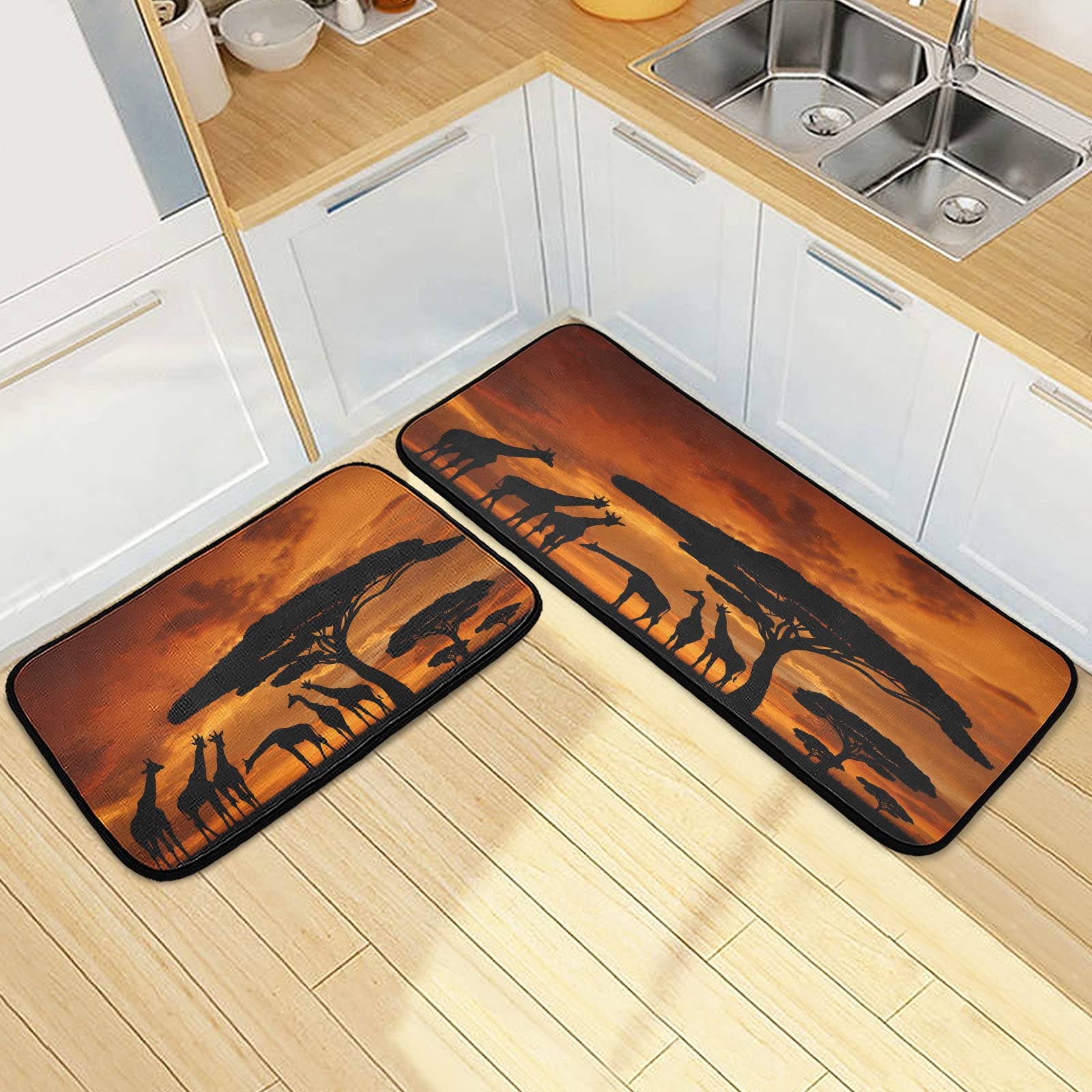 ALAZA Giraffe Sunrise African 2 Piece Kitchen Rug Floor Mat Set Runner Rugs Non-Slip for Kitchen Laundry Office 20" x 28" + 20" x 48"