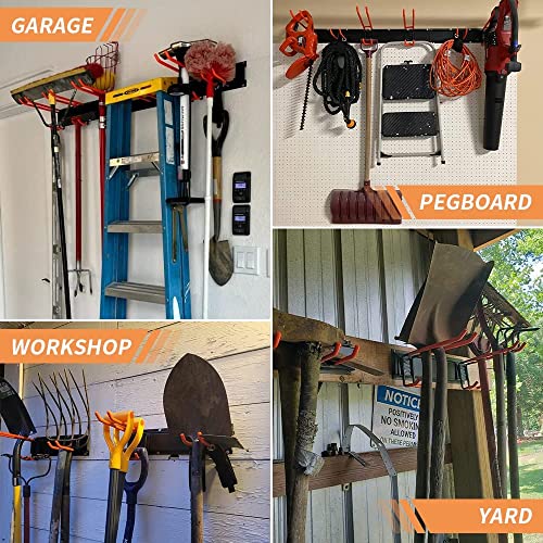 Oududianzi Garden Tool Storage Rack, Garage Tool Organizer Wall Mount, Garden Tool Rack with 6pcs Heavy Duty Steel Hooks, holder wall mount, Lawn tool storage, 48 Inch 3 Rails, Max Load to 500lbs
