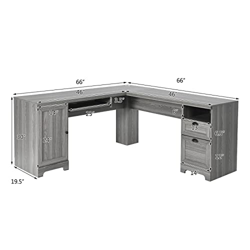 Tangkula 66" × 66" L-Shaped Desk, Corner Computer Desk with Drawers Keyboard Tray and Storage Cabinet, Home Office Desk, Sturdy and Space-Saving Computer Workstation