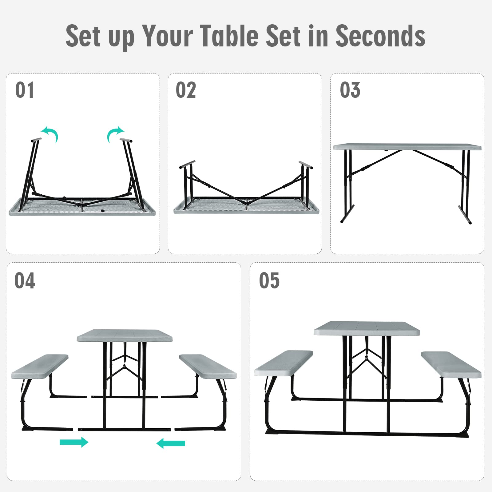 S AFSTAR Folding Picnic Table Bench Set, Foldable Picnic Table with 2 Benches, Outdoor Table and Bench W/Steel Frame & Wood-Like Texture Tabletop, Camping Table Chair Set for Garden Patio Lawn (Black)