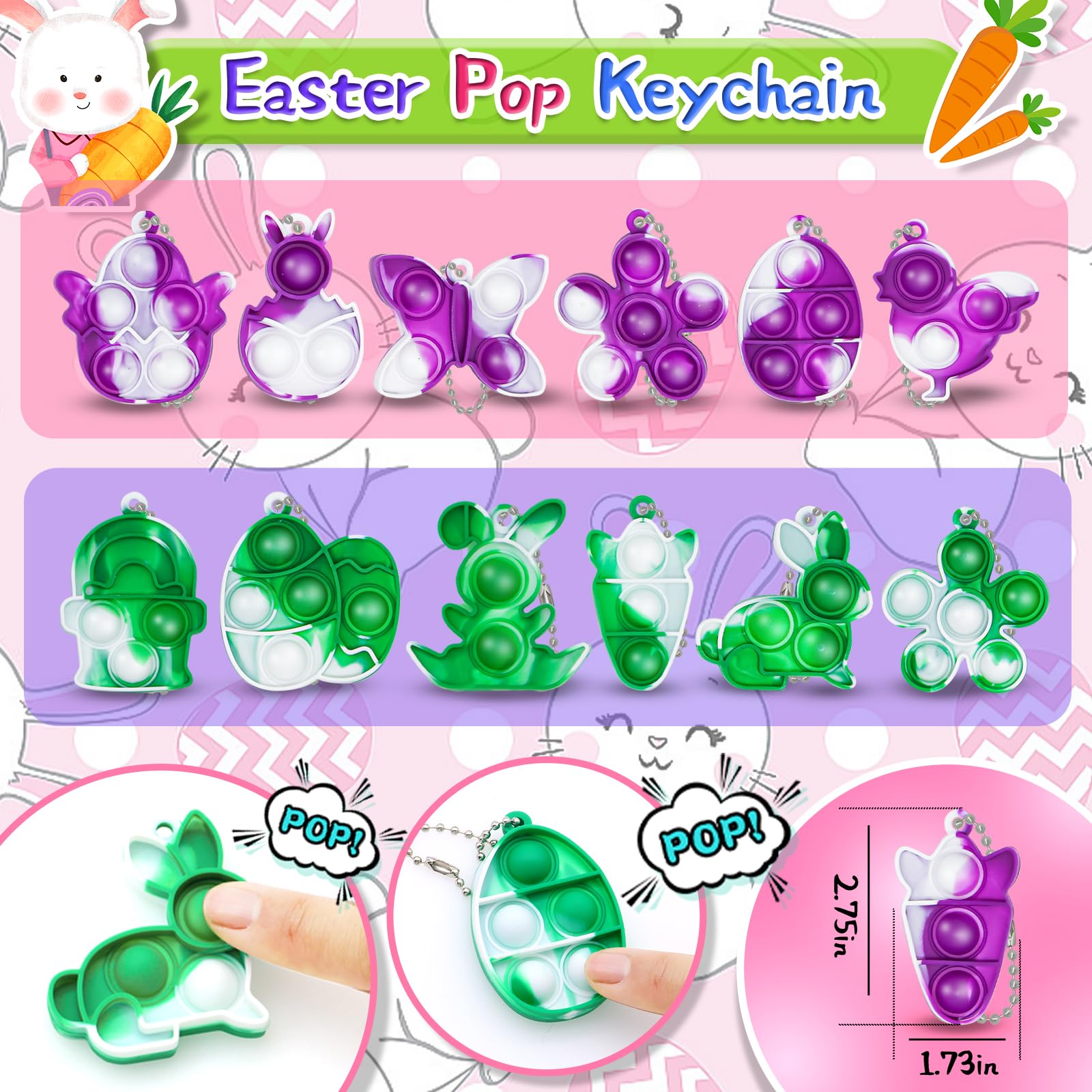 60 PCS Prefilled Easter Eggs with Toys Inside, Basket Stuffers,Bulk Easter Eggs Fillers with Mini Pop Keychain,Plastic Easter Egg Filled with Squishy Toys Rabbit, Easter Easter