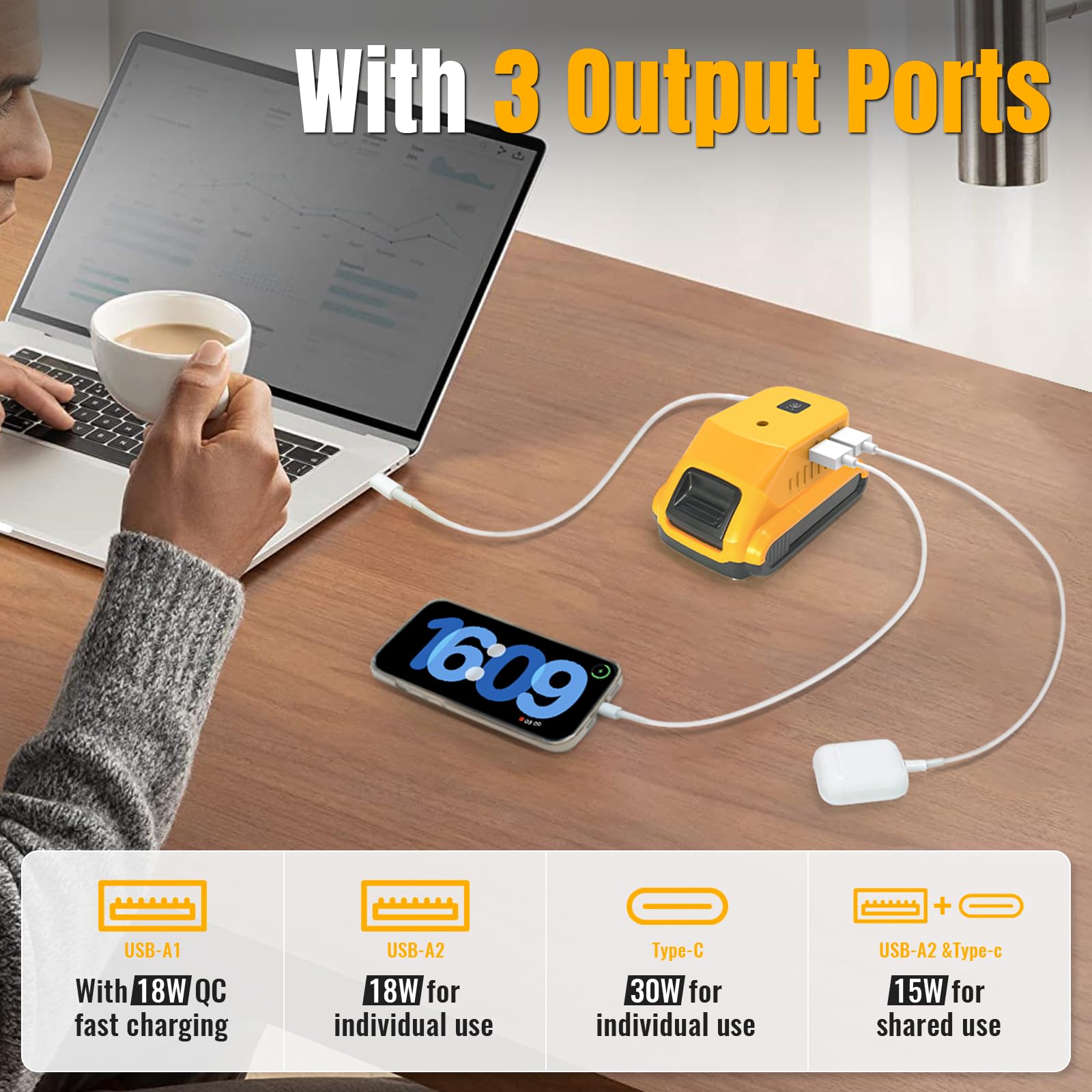 Kzreect Power Wheels Battery Adapter with USB Ports & XT60 Port, Fit for DeWalt 20V Battery, Fast Charging USB Charger Power Adapter for Mobile Devices, DIY Projects, Work Light (Tool Only)