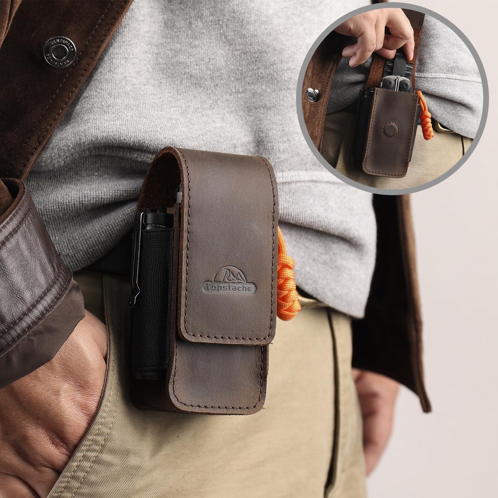 Topstache Multitool Sheath for Men - Belt Leather Multitool Holster - EDC Belt Organizer for Leatherman, Gerber - Magnetic Closure Multitool Pouch Fits Folding Tool, Darkbrown