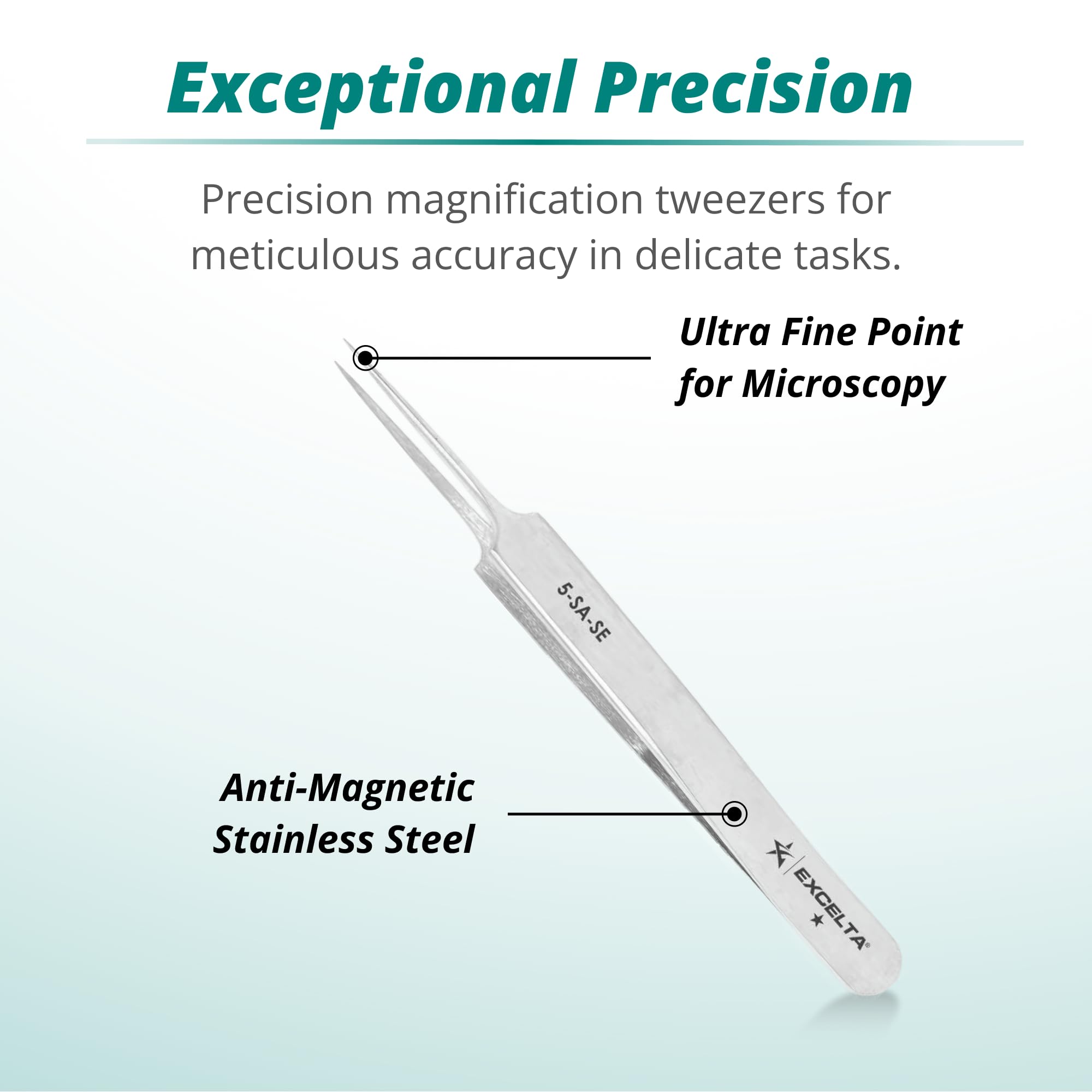 Excelta Ultra Fine Point Tweezers, Mini Straight Tapered For Microscopy, 4.25" Anti-Magnetic Stainless Steel, Basic