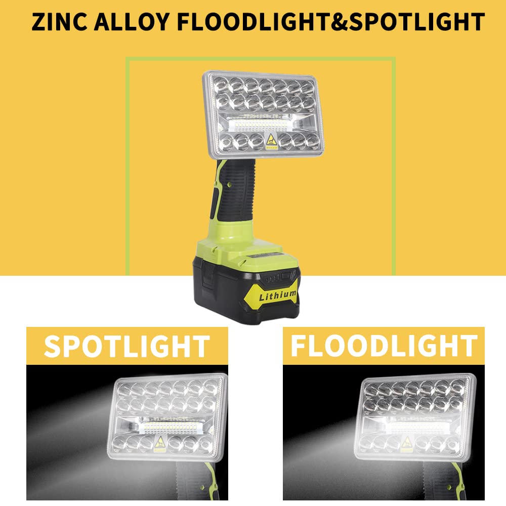 DTEZTECH 18W LED Work Light for Ryobi One+ 18V Li-ion Ni-Cad Ni-Mh Battery, 2000LM Zinc Alloy Flashlight Spotlight with 3 Light Modes, 110 Degree Pivoting Head Indoor Outdoor Use……