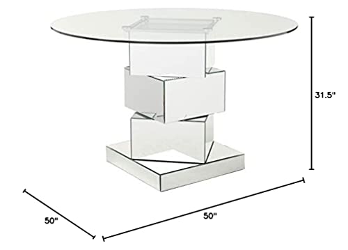 Meridian Furniture Haven Collection Modern Contemporary Mirrored Dining Table with Round Tempred Glass Top, 50" W x 50" D x 31.5" H