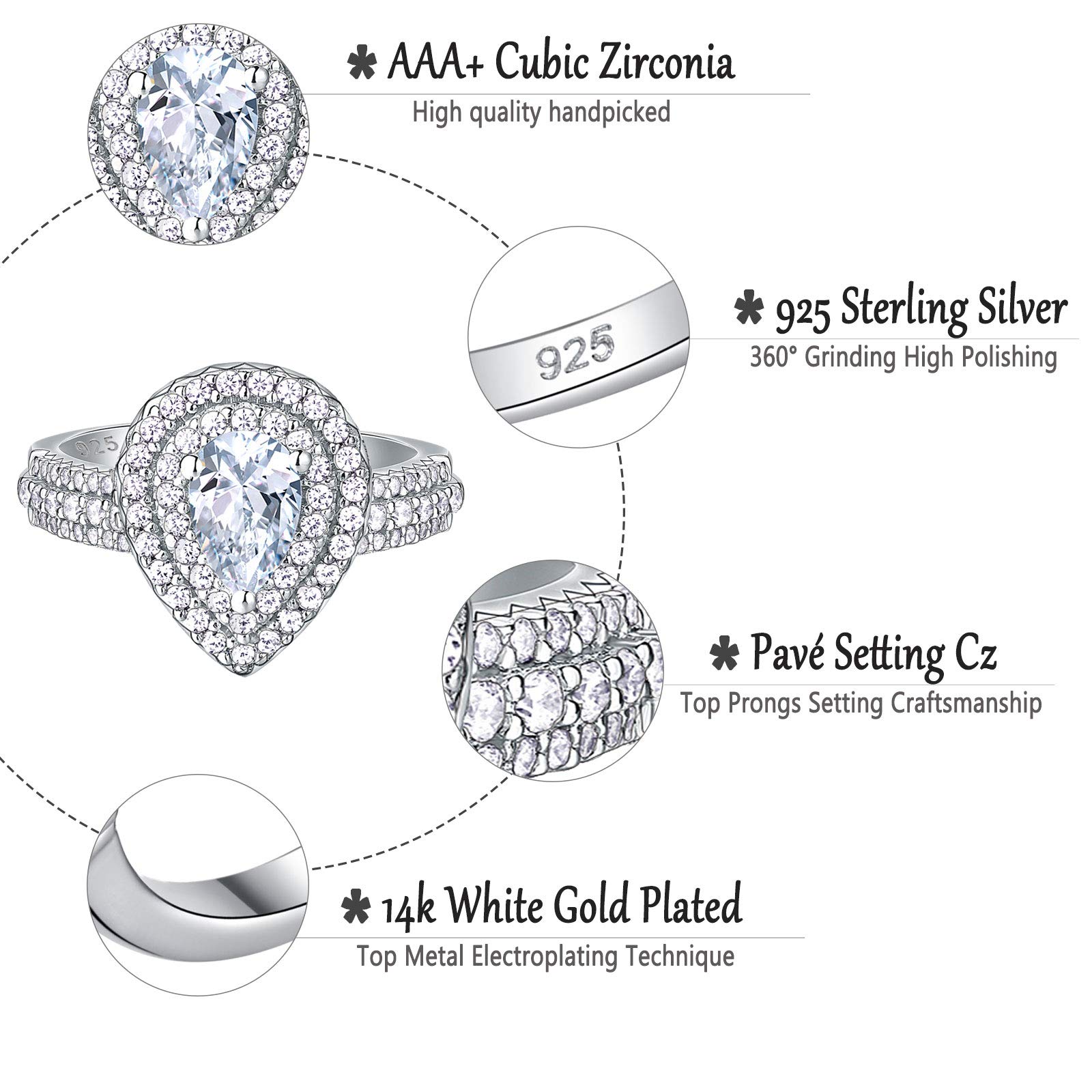 Ahloe Jewelry CEJUG 2.3Ct Teardrop Pear Wedding Rings for Women 18K White Gold Cubic Zirconia Engagement Ring Set Size 9