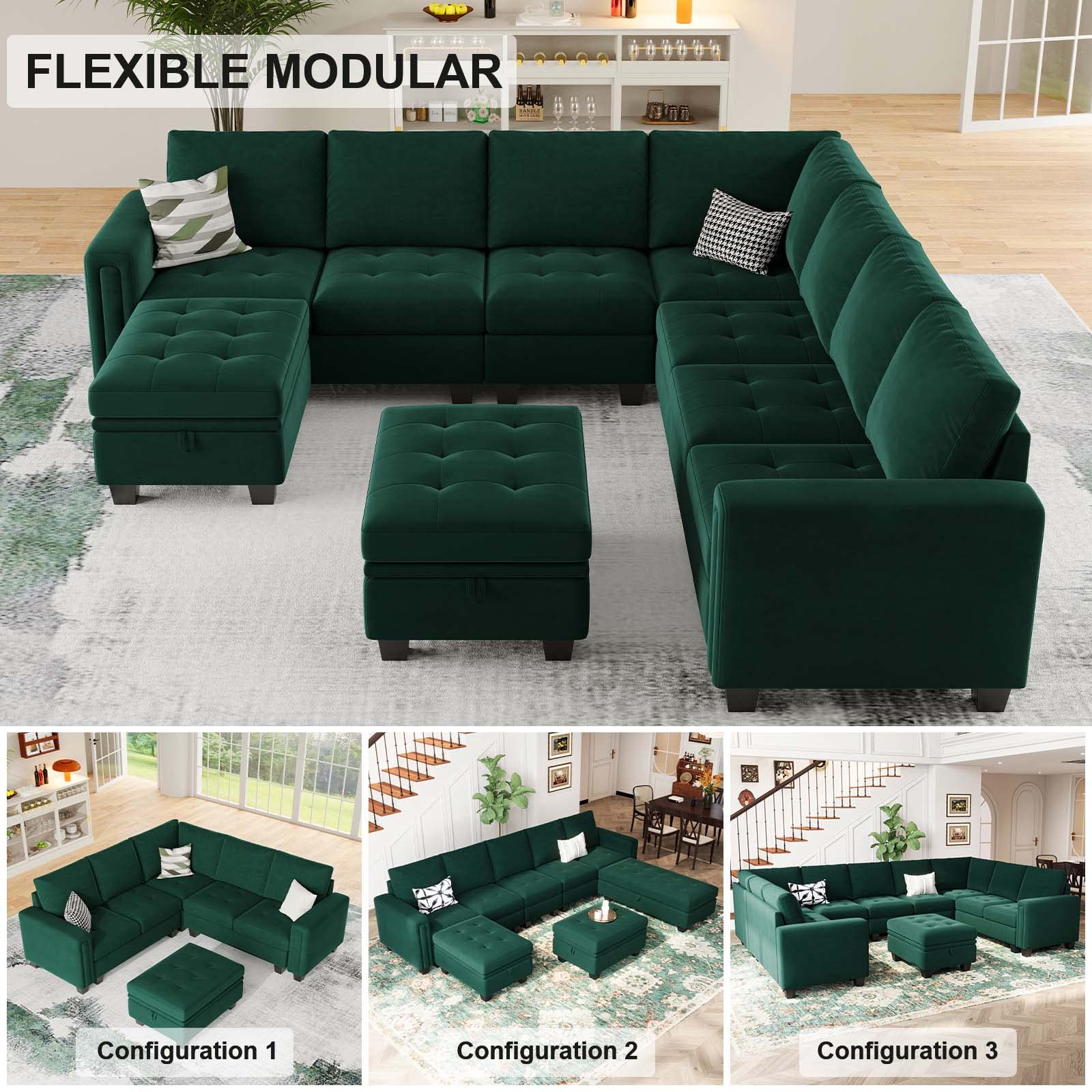 Belffin Oversized Velvet Modular 8-Seat Sectional Sofa Set with Storage Ottoman U Shaped Couch Set Modular Sectional Convertible Sofa Couch with Reversible Chaise Corner Sofa Couch Set Green