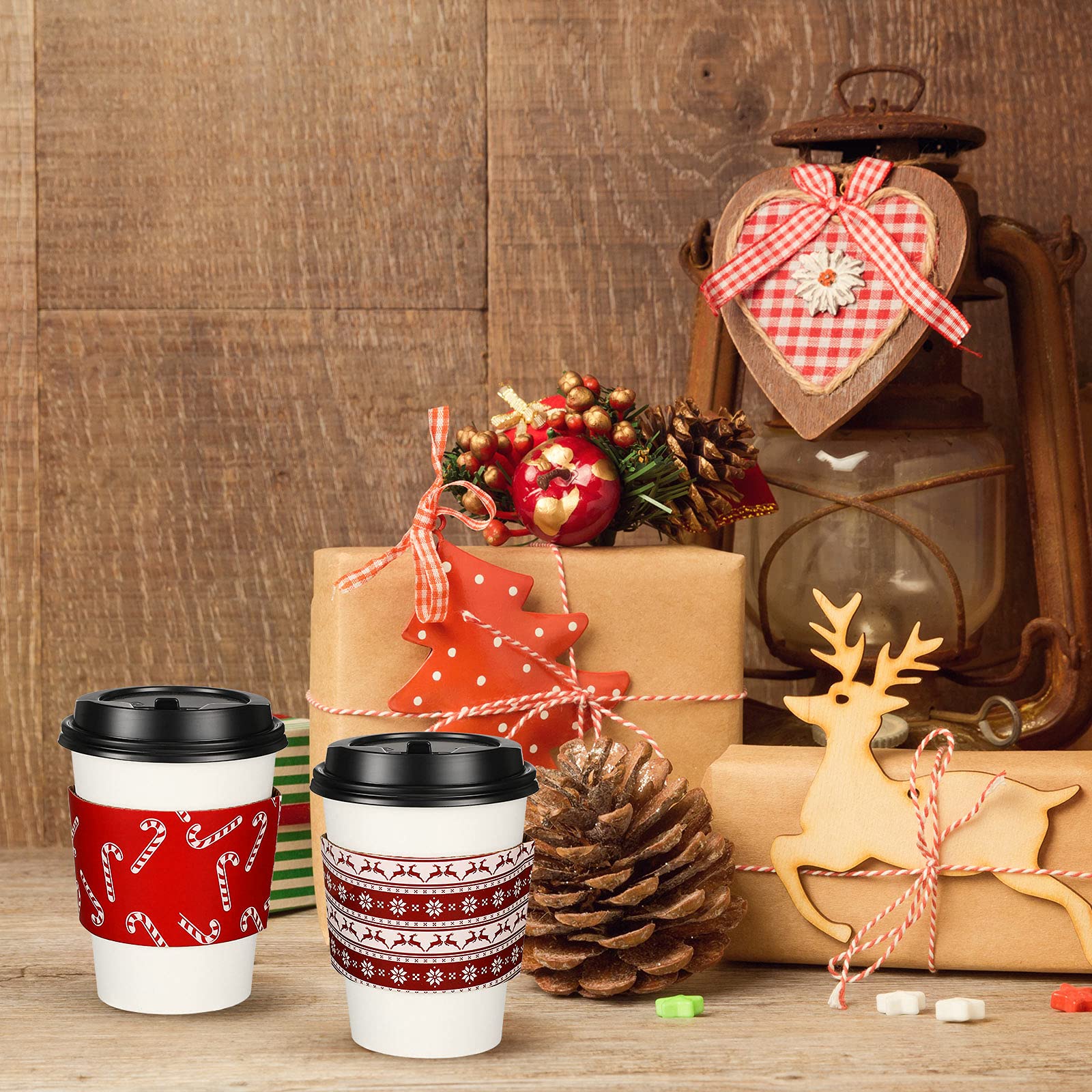 60 Pieces Christmas Coffee Cup Sleeves Red Double Layer Paper Sleeves Fits 12 and 16 oz Disposable Santa Cup Jacket for Christmas Hot Chocolate, Coffee, Cocoa, Tea or Cold Beverage, 6 Designs