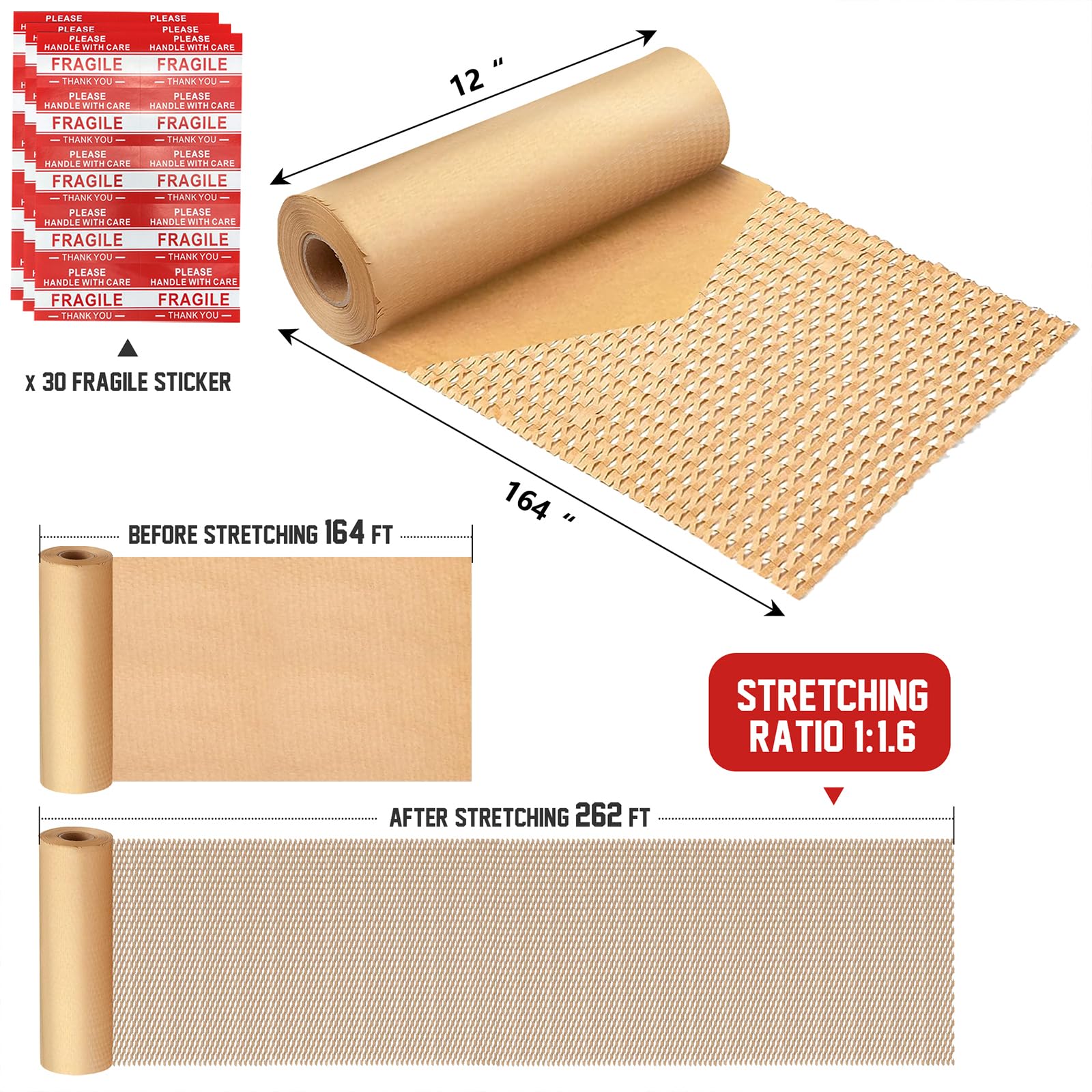 HOOPLE Honeycomb Packing Paper15x1968 Inches, Packing Paper for Moving, Biodegradable Moving Supplies Bubble Packing Wrap Protective Roll With 30 Fragile Stickers. (black 15"x164')