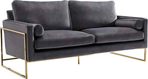 Meridian Furniture Mila Collection Modern | Contemporary Velvet Upholstered Sofa with Durable Stainless Steel Base in Rich Gold Finish, Grey, 80" L x 36.5" D x 35" H