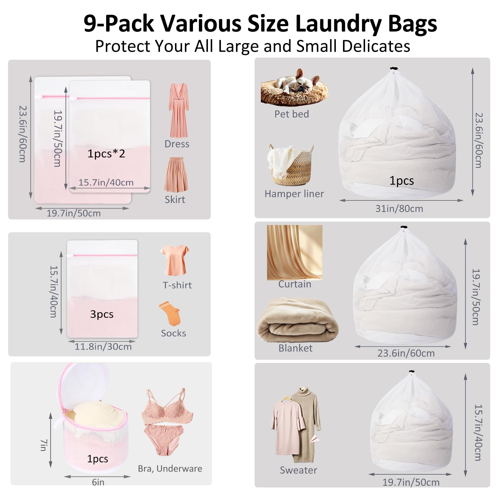 9Pcs Durable Mesh Laundry Bags, Various Size Lingerie Bags for Delicates in Washer and Dryer- 1pcs Bra Bag, 3pcs Large Drawstring Travel Laundry Bags, 5pcs Sturdy Zipper Delicates Bags for Sock, Shirt