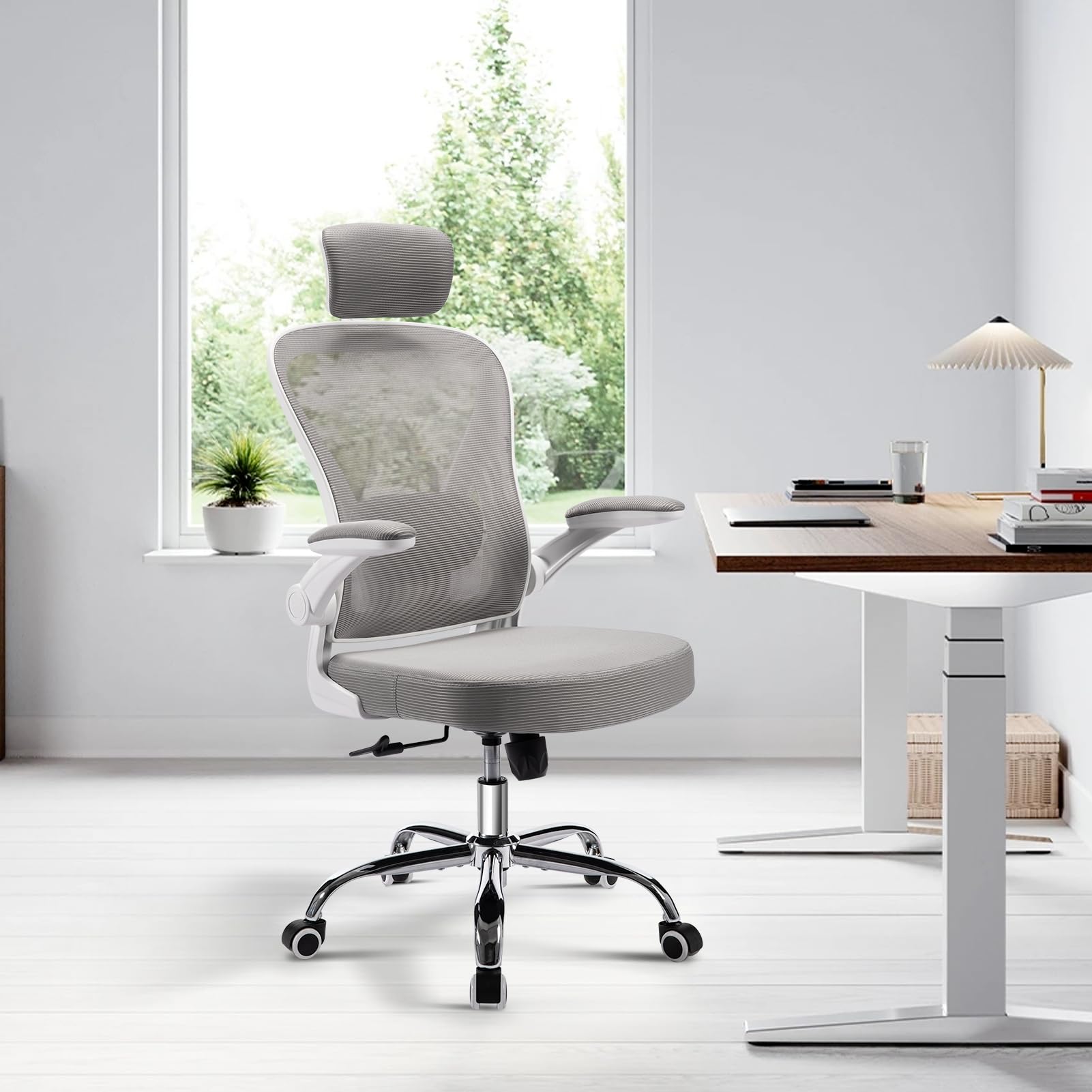 ACCHAR Ergonomic Office Desk Chair, Computer Mesh Home Task Chair, Swivel Rolling Chair with Flip-up Arms, 4-Way Adjustable Lumbar Support and Headrest (Grey and White)