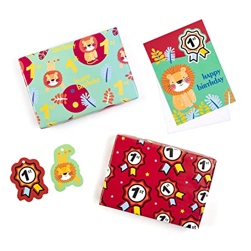 BIOBROWN Happy 1st Birthday Wrapping Paper Sheets for Boys Including Greeting Card and Gift Tags for Birthday Wishes 2 Fold Flat Sheets