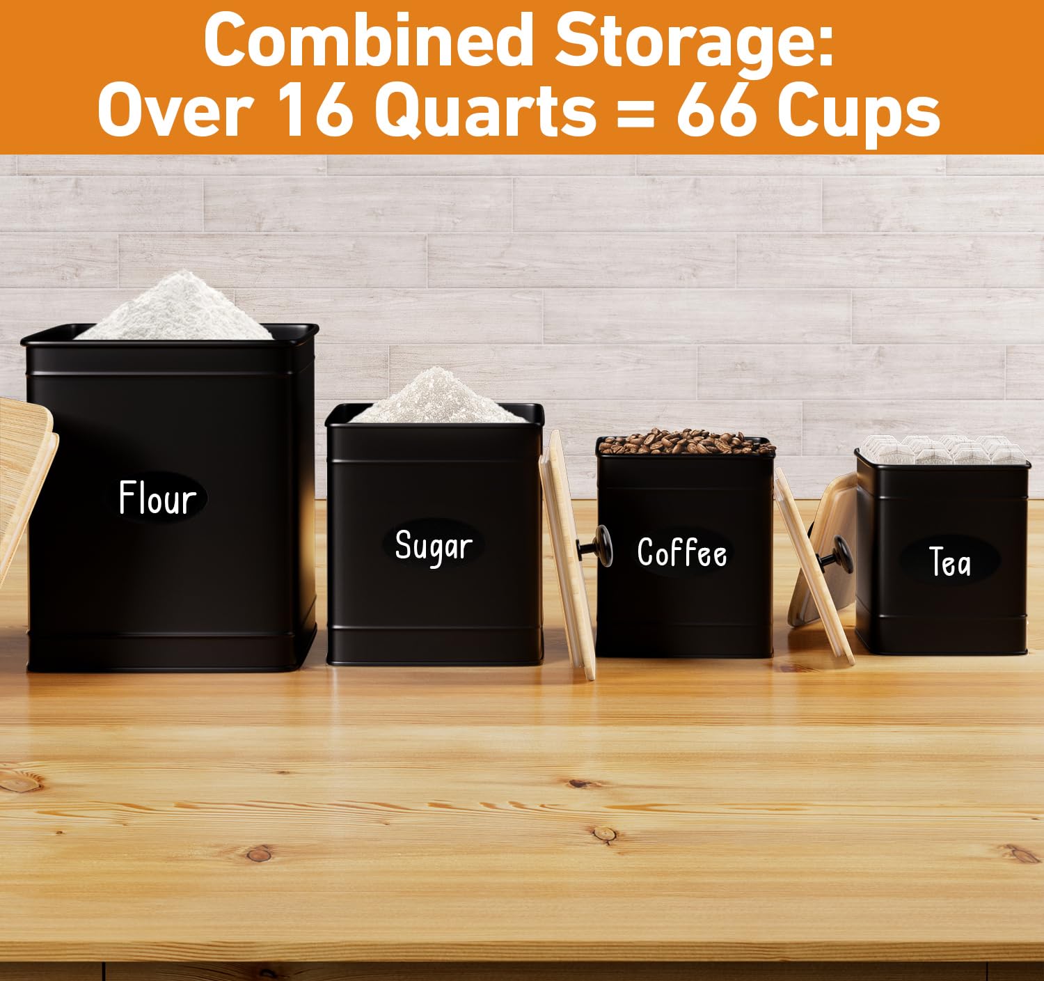 Kitchen Canisters for Countertop Set of 4 with Customizable Chalkboard Labels & Marker Pen - Big Iron Kitchen Canisters with Airtight Lids - Canisters Sets for the Kitchen - Black Kitchen Canister Set