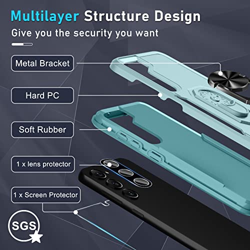 Janmitta Samsung Galaxy S23+ Plus Case with Screen Protector+Camera Lens Protector,Heavy Duty Shockproof Full Body Phone Cover Built in Rotatable Magnetic Ring Holder Kickstand,2023 Mint Green
