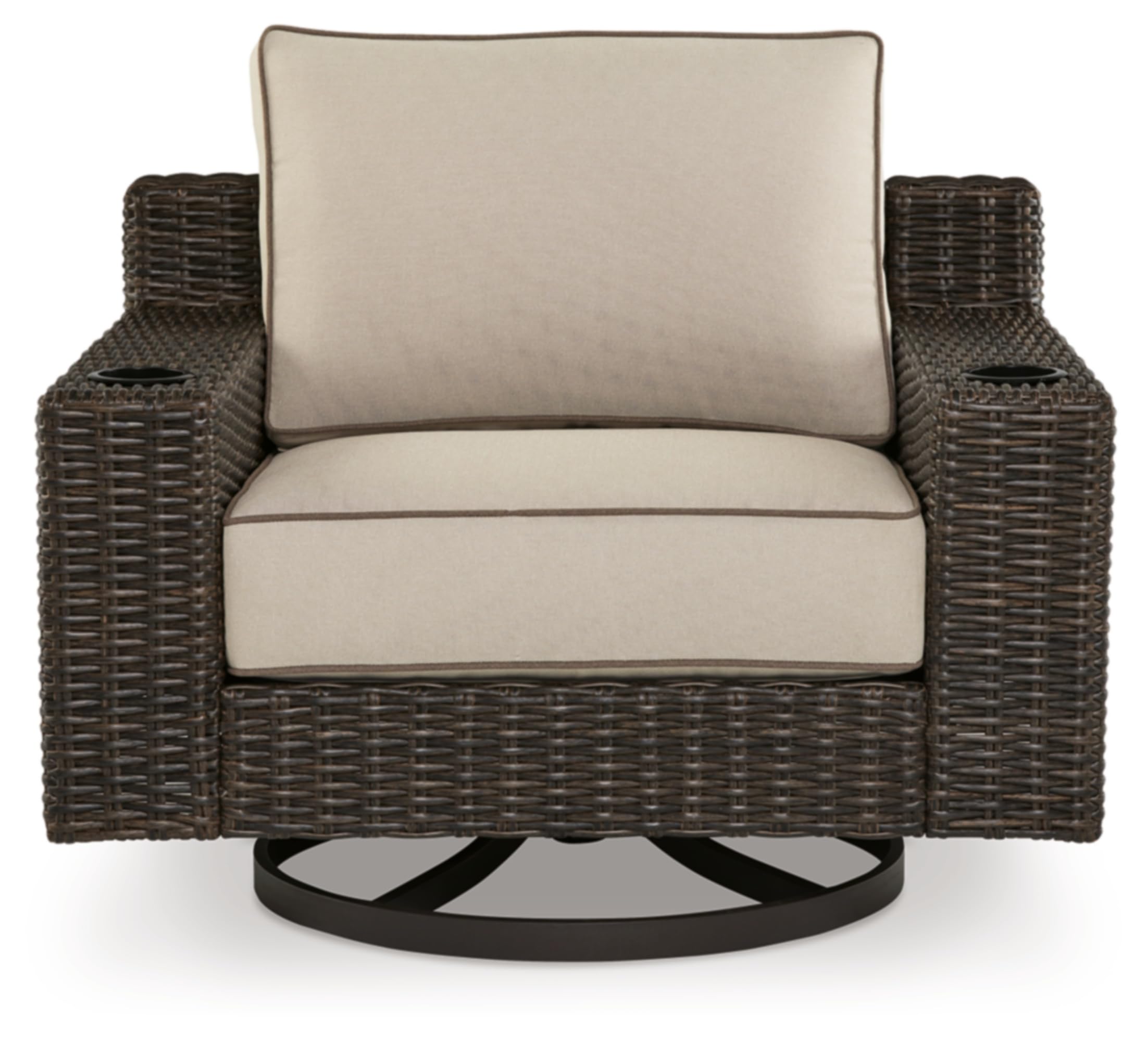 Signature Design by Ashley Coastline Bay Casual Outdoor Swivel Lounge with Cushion and 2 Cup Holders, Beige & Dark Brown