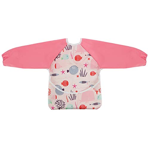 Hi Sprout Infant Toddler Baby Waterproof Sleeved Bib, Bib with Sleeves&Pocket, 6-24 Months (Pink Fish)
