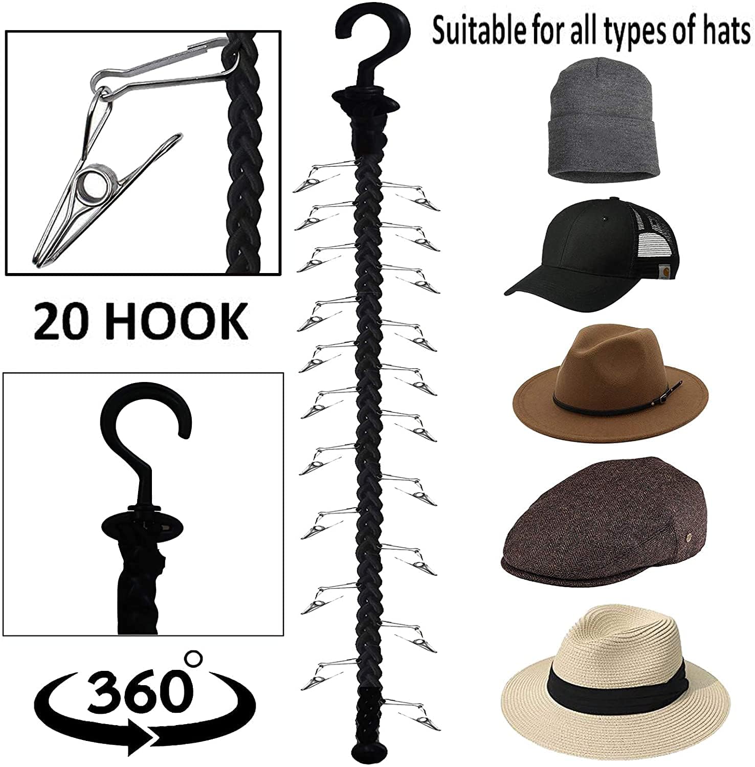 Closet Hanging Cap Keeper Closet Cap Racks Hats Holders Closet Hook Storage Organizer Hat Display Rack, 20 Baseball Cap Holder - Fit Most Hats - No Hats Included