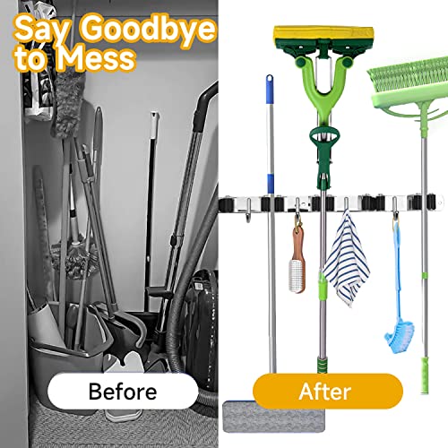 Kozci Mop and Broom Holder Wall Mount, Non-Slip Broom Organizer Wall Mount Self Adhesive Broom Hanger with 5 Racks 4 Hooks Stainless Steel Tools Rack Broom Storage Organizer for Kitchen Garden Garage