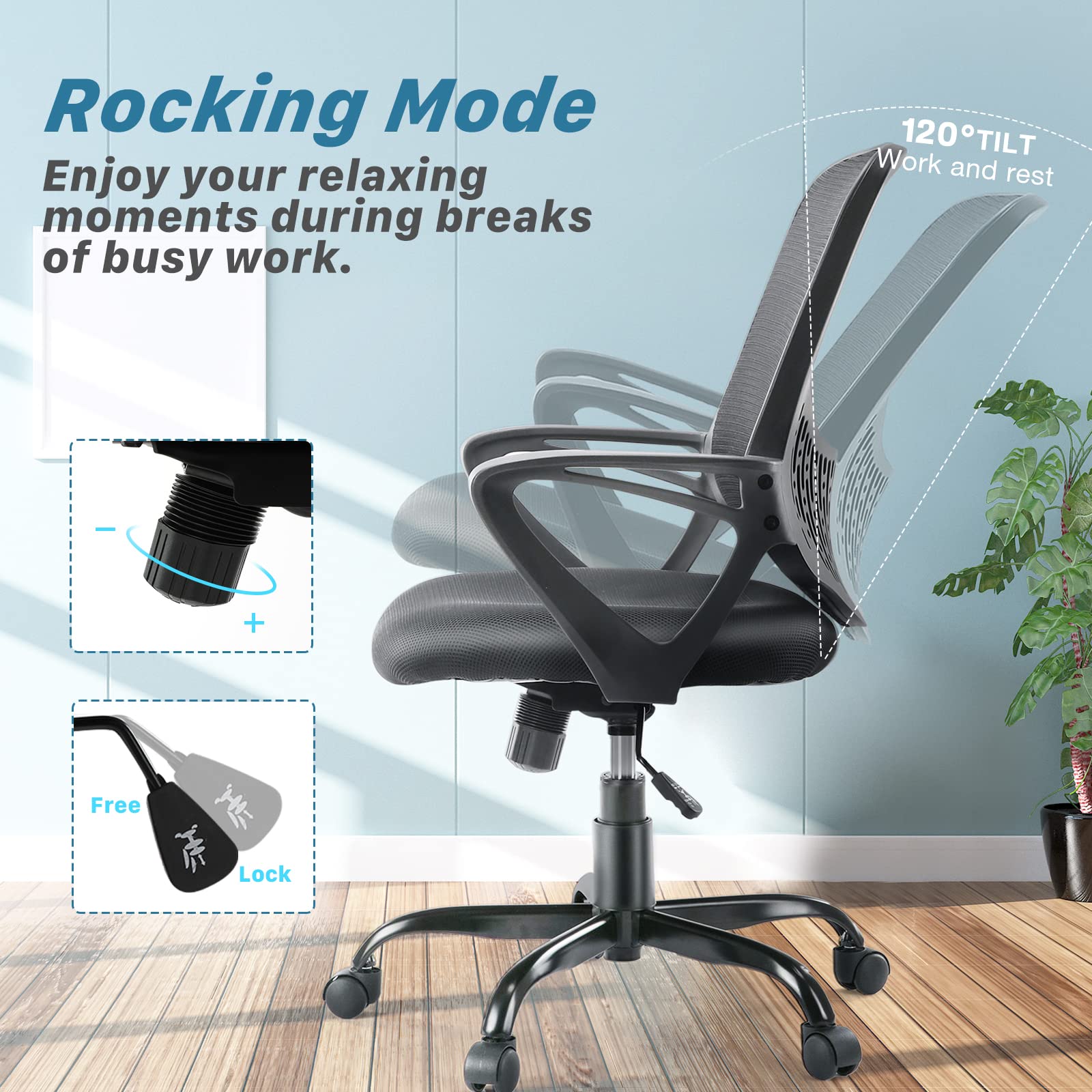 AFO Home Office Chair Mid Ergonomic Lumbar Support and Armrests, Adjustable Height, Breathable Mesh Back, 360 Degree Swirl, Rocking Mode, Black