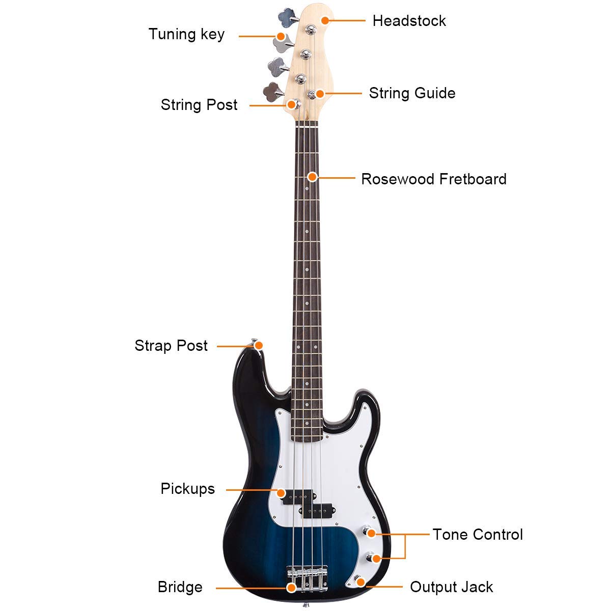 Costzon Full Size Electric 4 String Bass Guitar for Beginner Starter Complete Kit, Rose Fingerboard and Bridge, w/Two Pickups & Two Tone Control, Guitar Bag, Strap, Guitar Pick, Amp Cord (Blue Bass)