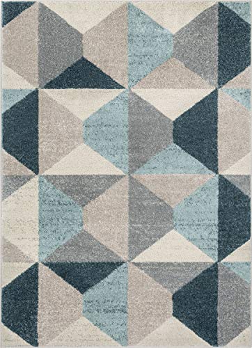 Yara Scandanavian Abstract Geometric Blue, Ivory, Grey Yellow Area Rug 5x7 (5'3" x 7'3")