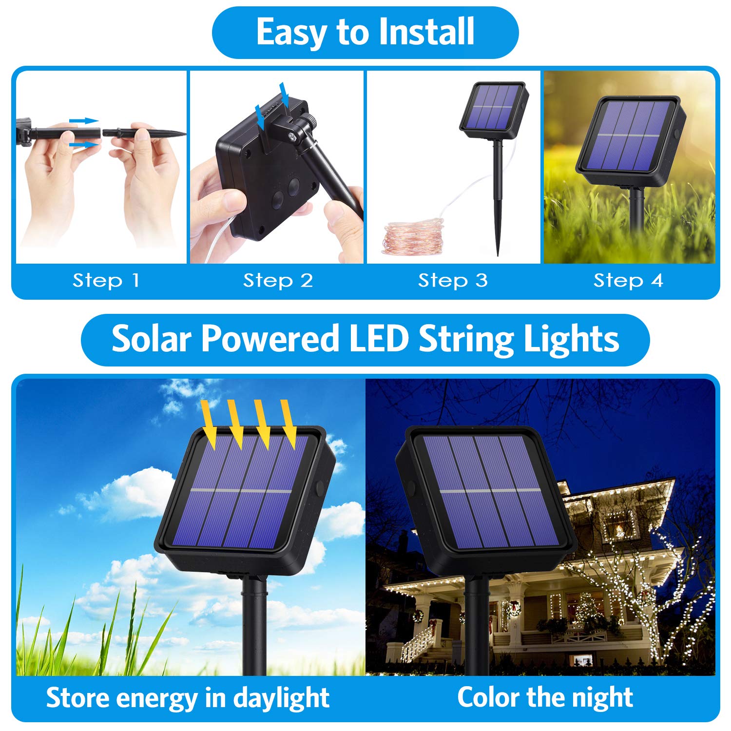 AMIR Upgraded Solar String Lights, 2 in 1 Warm White & White, 33ft 100 LED Outdoor String Lights, 8 Lighting Modes Waterproof Solar Decoration Lights for Gardens, Home, Dancing, Party, Christmas