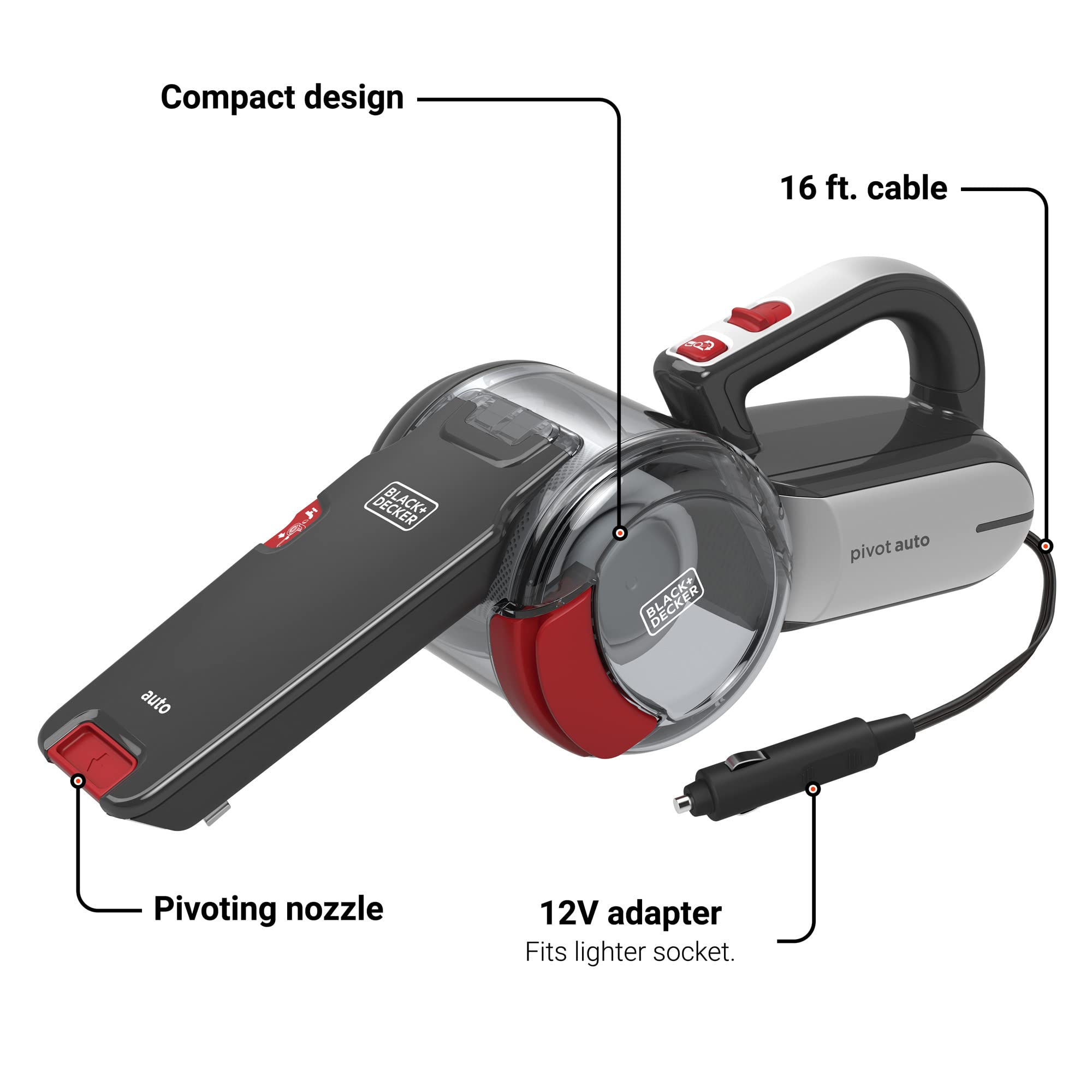 BLACK+DECKER Pivot Vac 12V DC Car Handheld Vacuum, Black (BDH1200PVAV)