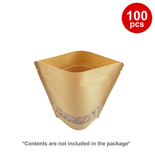 Kraft Stand Up Bags Pouches with Window & Zipper for Food Storage 5" x 8" x 2.7" (Up to 4oz) 100 pcs
