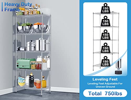 Metal Shelving, 5 Tier 750 Lbs Capacity Wire Shelving with Leveling Feet, Nsf Certified Metal Shelves for Kitchen Pantry Closet Laundry Bathroom Office, 5-shelf Metal Storage Shelves Storage Rack